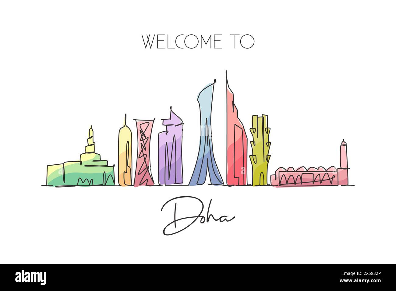 Single continuous line drawing of Doha city skyline, Qatar. Famous city ...