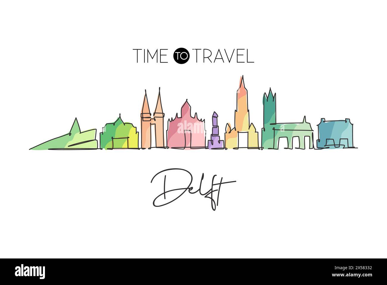 Single Continuous Line Drawing Of Delft City Skyline Netherlands