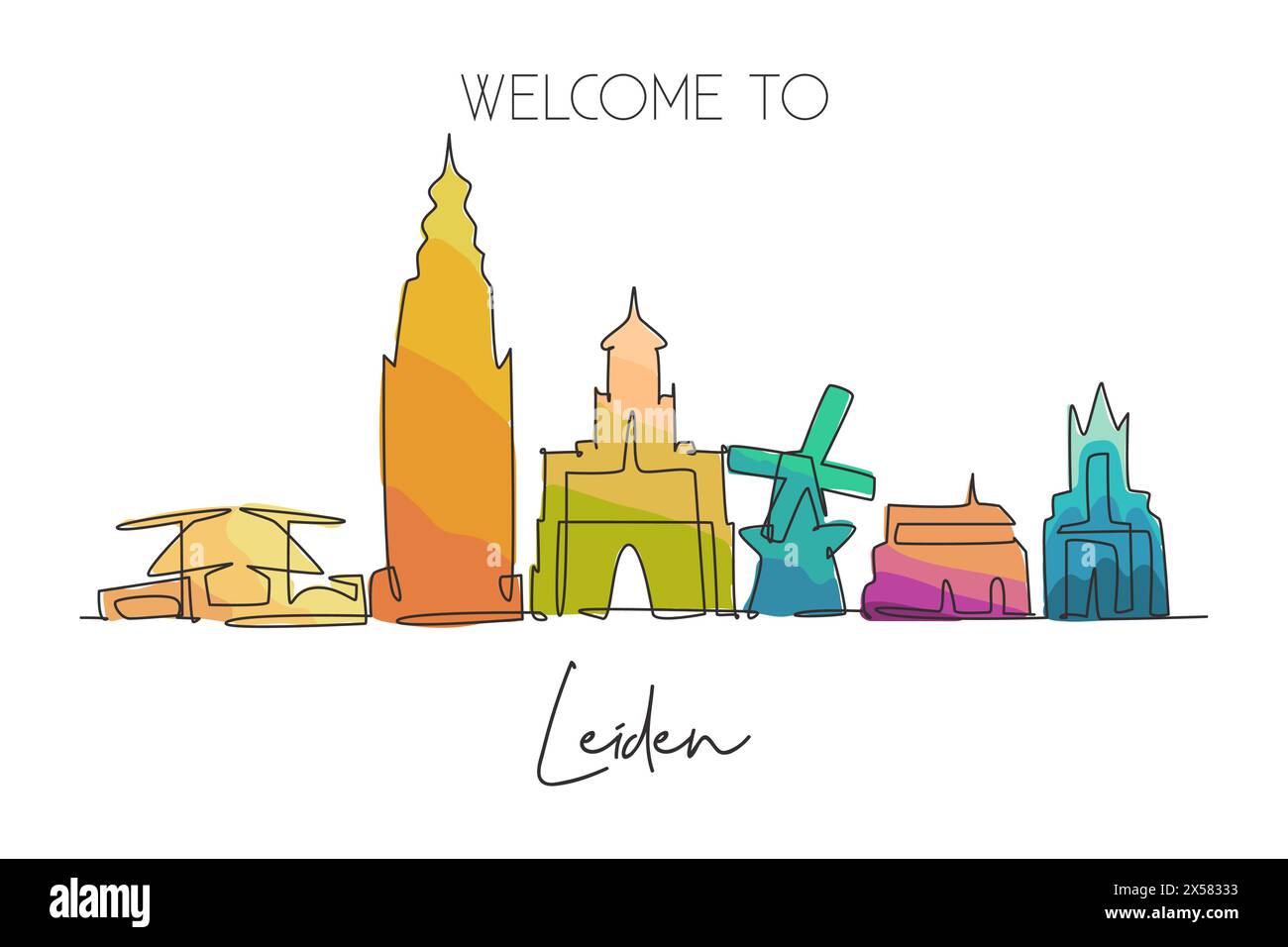 One continuous line drawing of Leiden city skyline, Netherlands ...