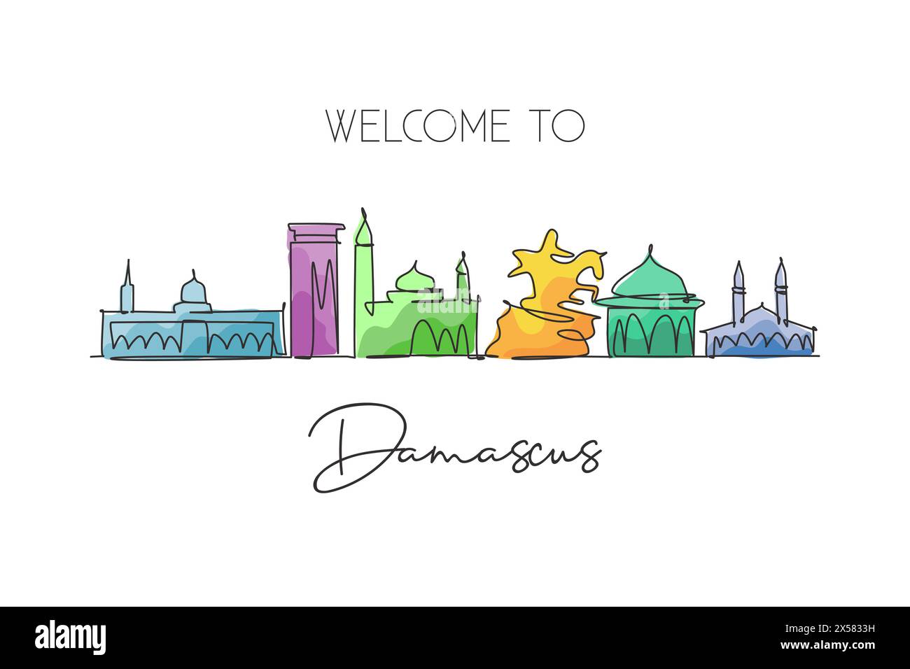 One continuous line drawing of Damascus city skyline, Syria. Beautiful ...