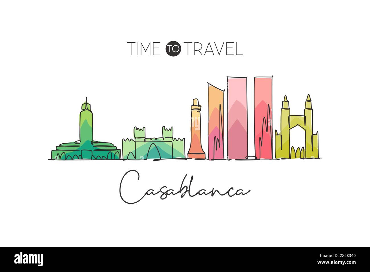 Single continuous line drawing of Casablanca city skyline Morocco ...