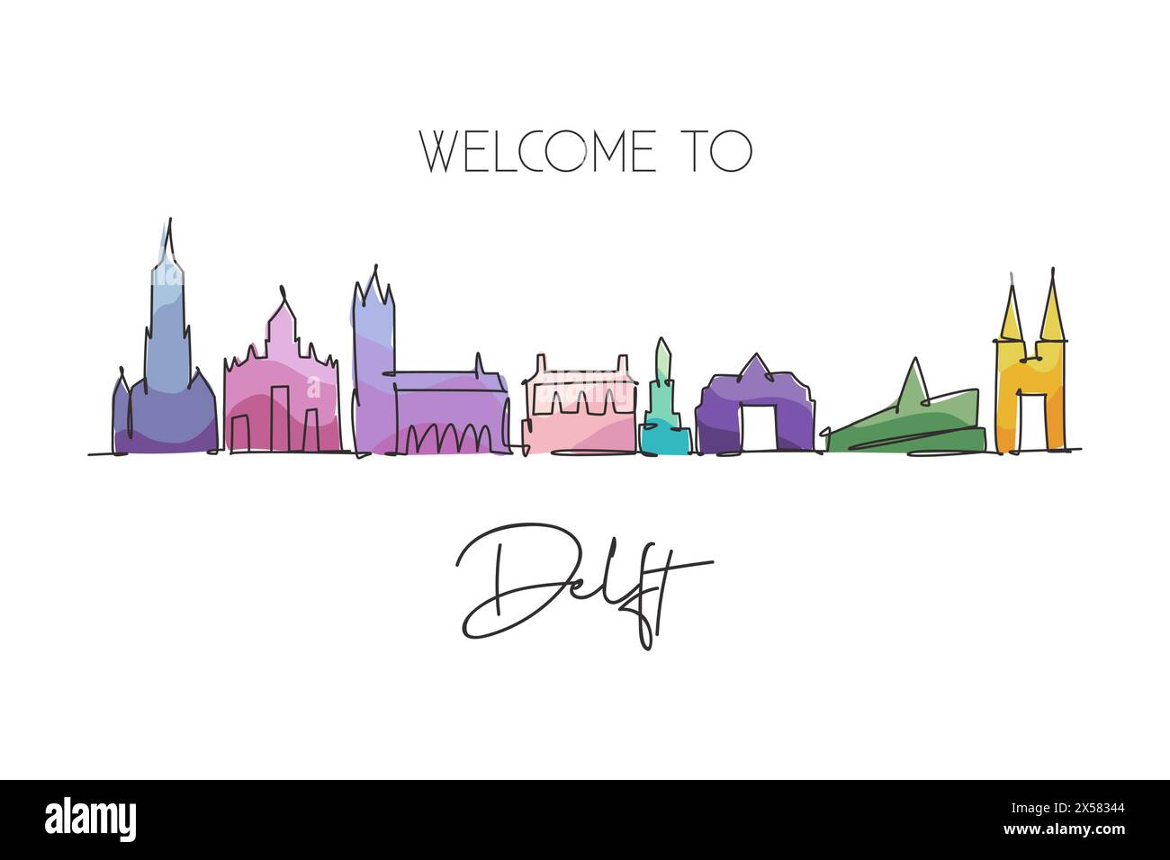 One continuous line drawing of Delft city skyline, Netherlands ...