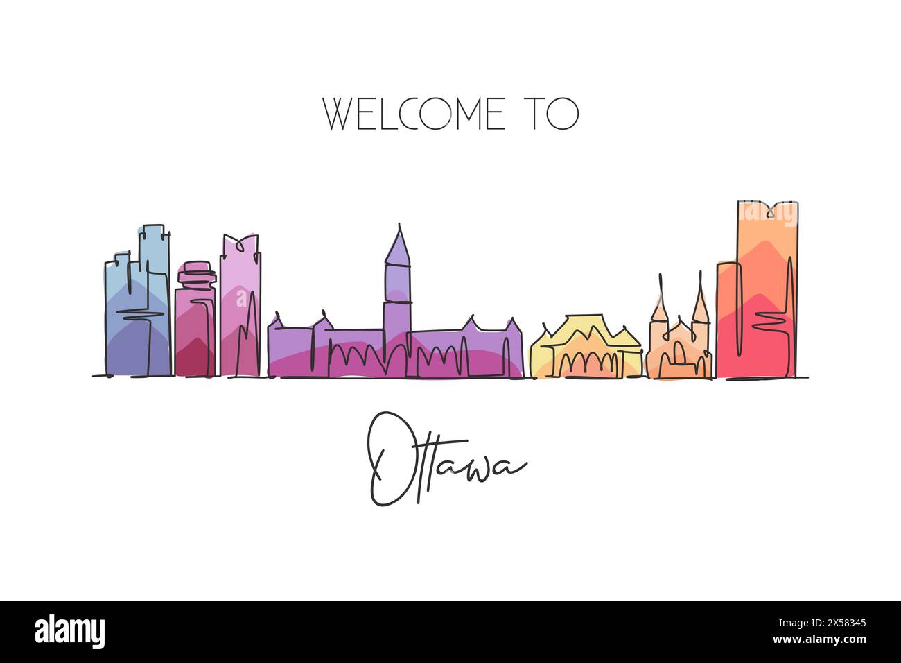 One continuous line drawing Ottawa city skyline, Canada. Beautiful ...
