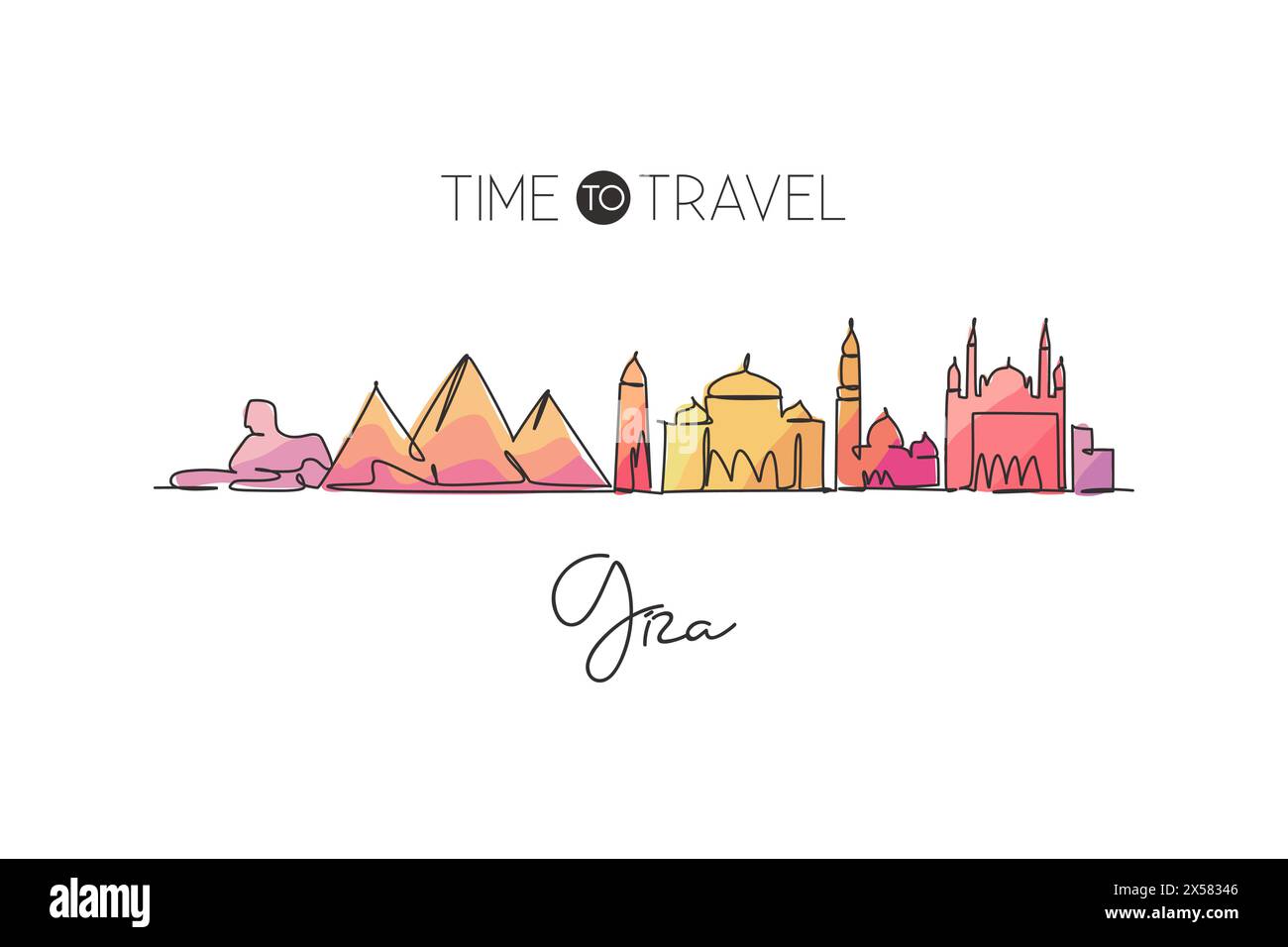 One continuous line drawing of Giza city skyline, Egypt. Beautiful ...