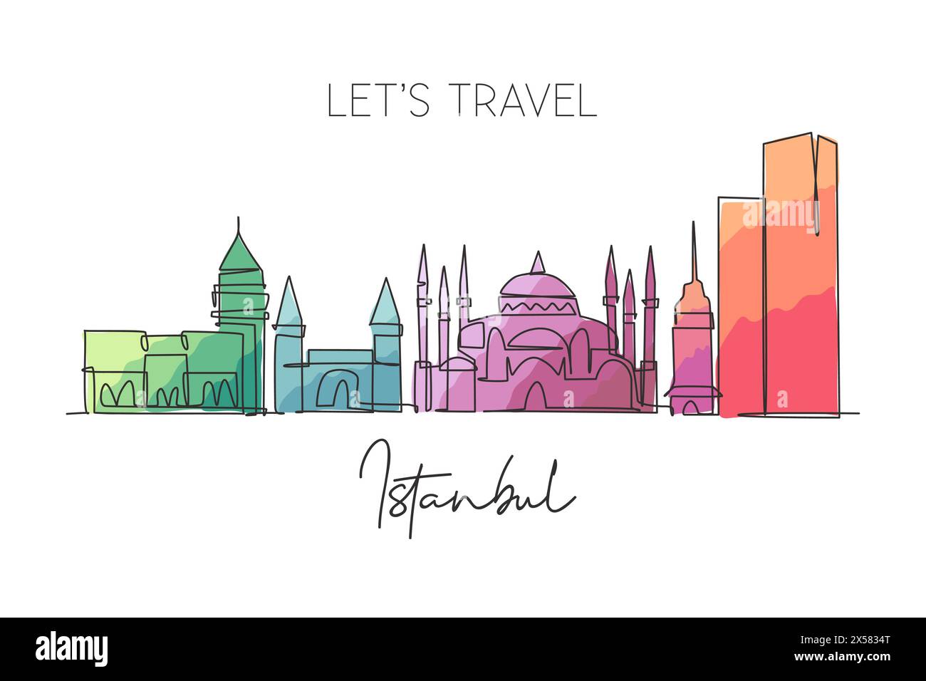 One single line drawing Istanbul city skyline, Turkey. Historical town ...