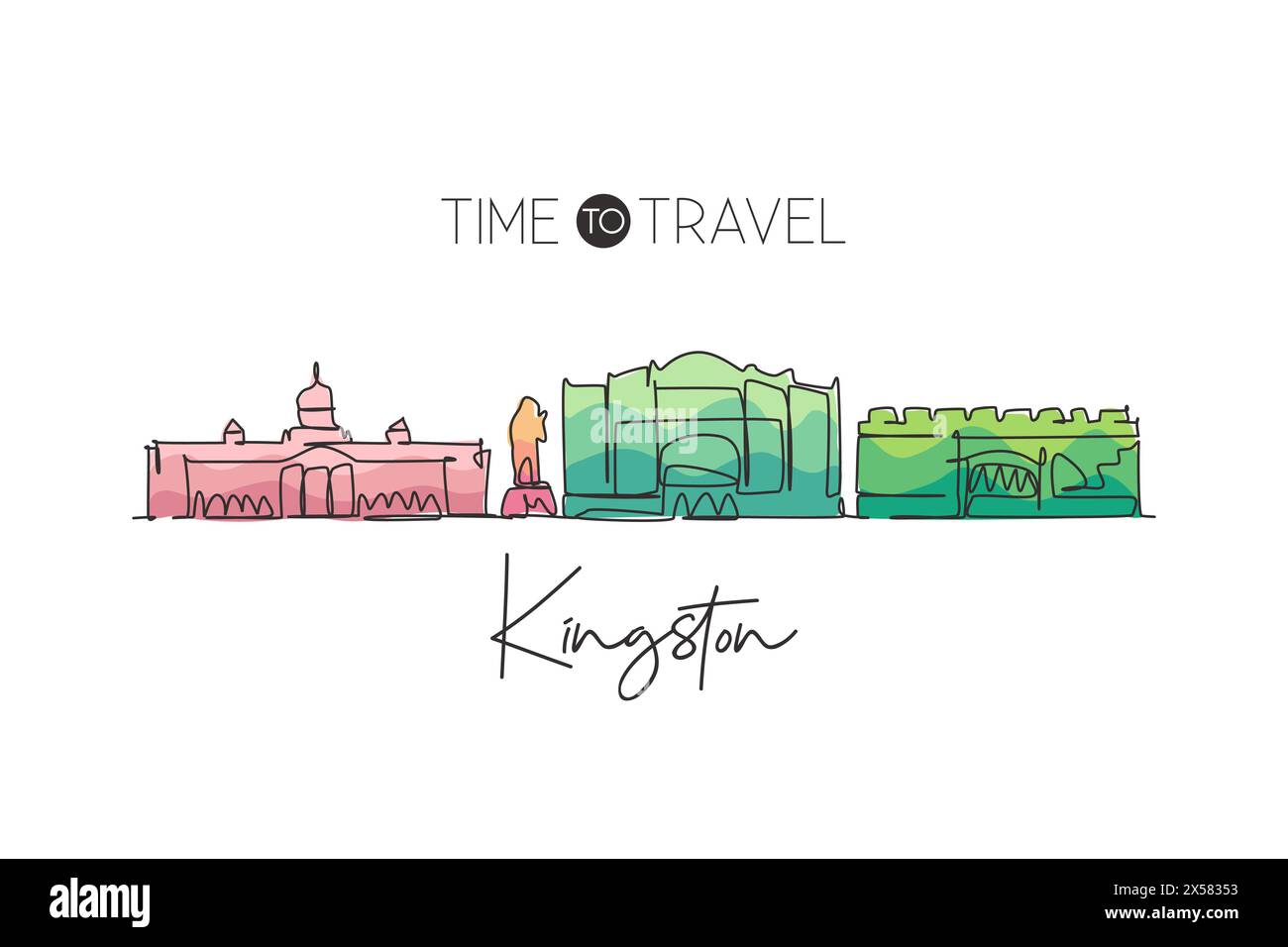 One continuous line drawing Kingston city skyline Jamaica. Beautiful ...