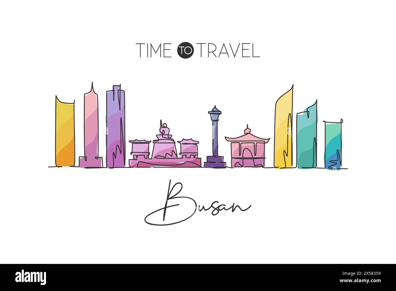 One continuous line drawing Busan city skyline, South Korea. Beautiful ...