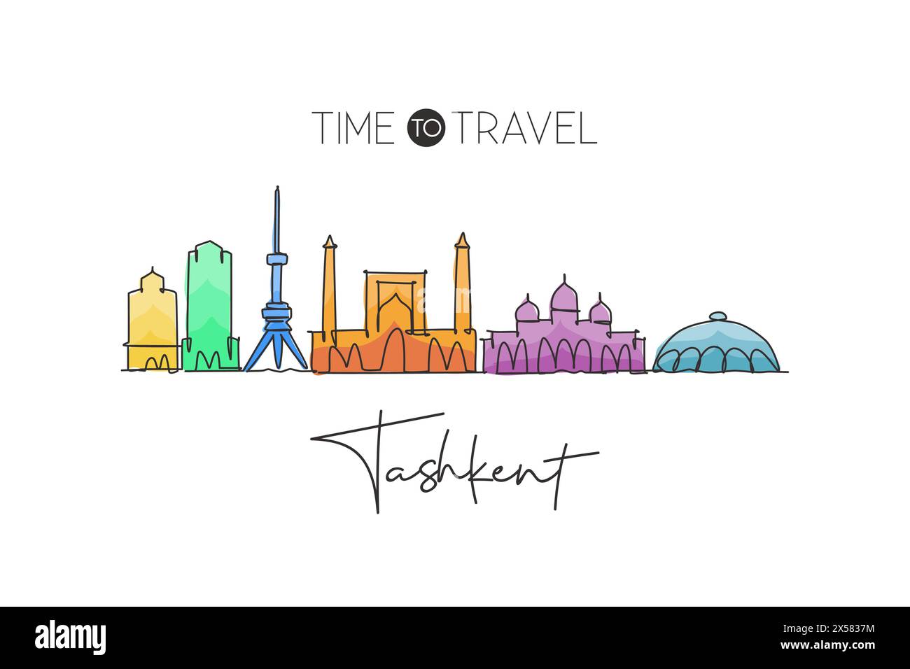 One single line drawing of Tashkent city skyline, Uzbekistan. World ...