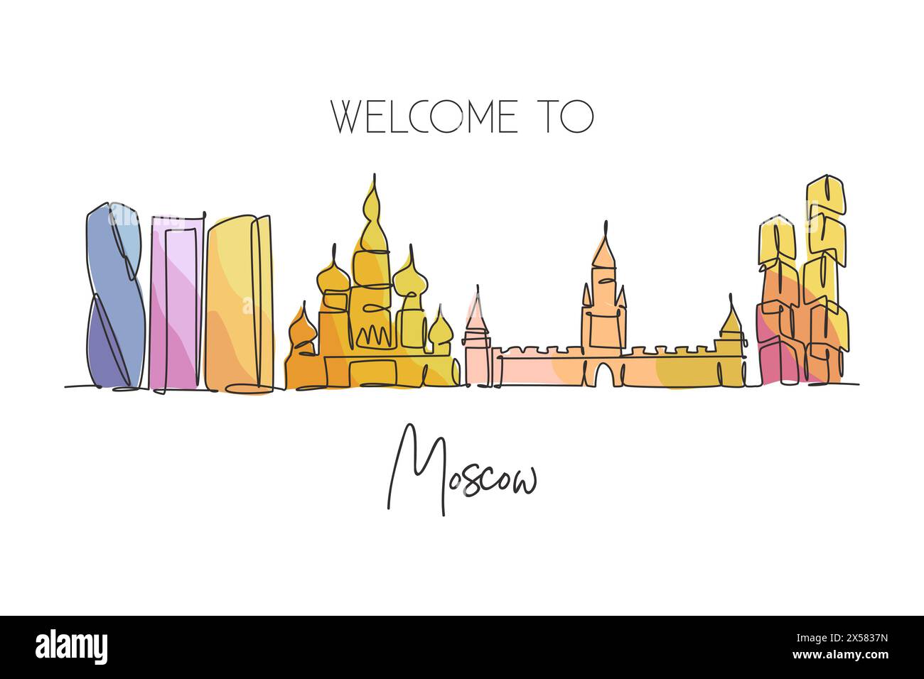 One continuous line drawing of Moscow city skyline, Russia. Beautiful ...