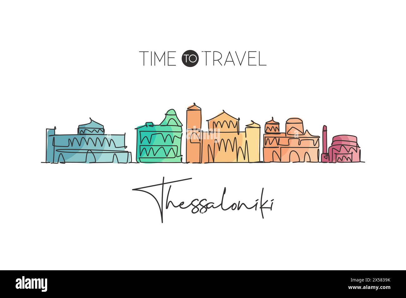 One single line drawing Thessaloniki city skyline, Greece. World town ...