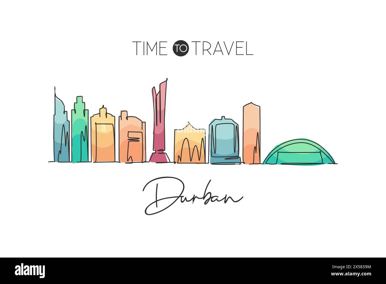 One continuous line drawing of Durban city skyline, South Africa ...