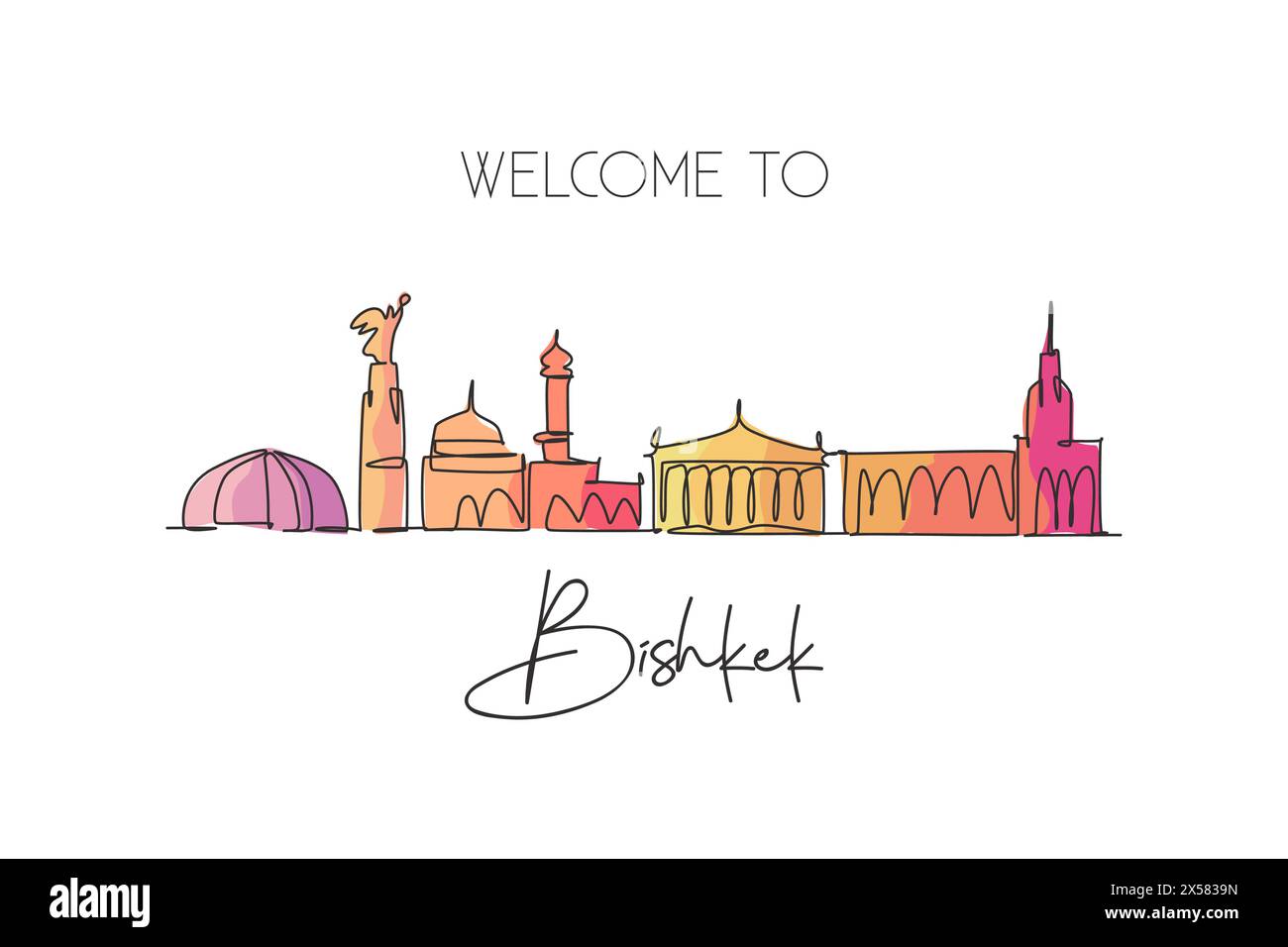 One continuous line drawing of Bishkek city skyline, Kyrgyzstan ...