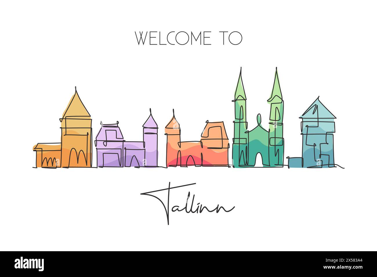 Single continuous line drawing of Tallinn city skyline, Estonia. Famous ...