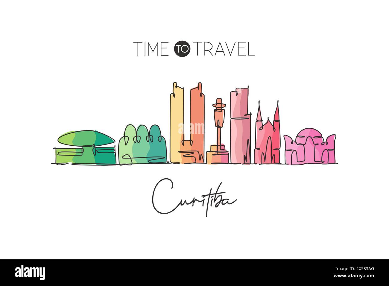 One single line drawing Curitiba city skyline, Brazil. World historical ...