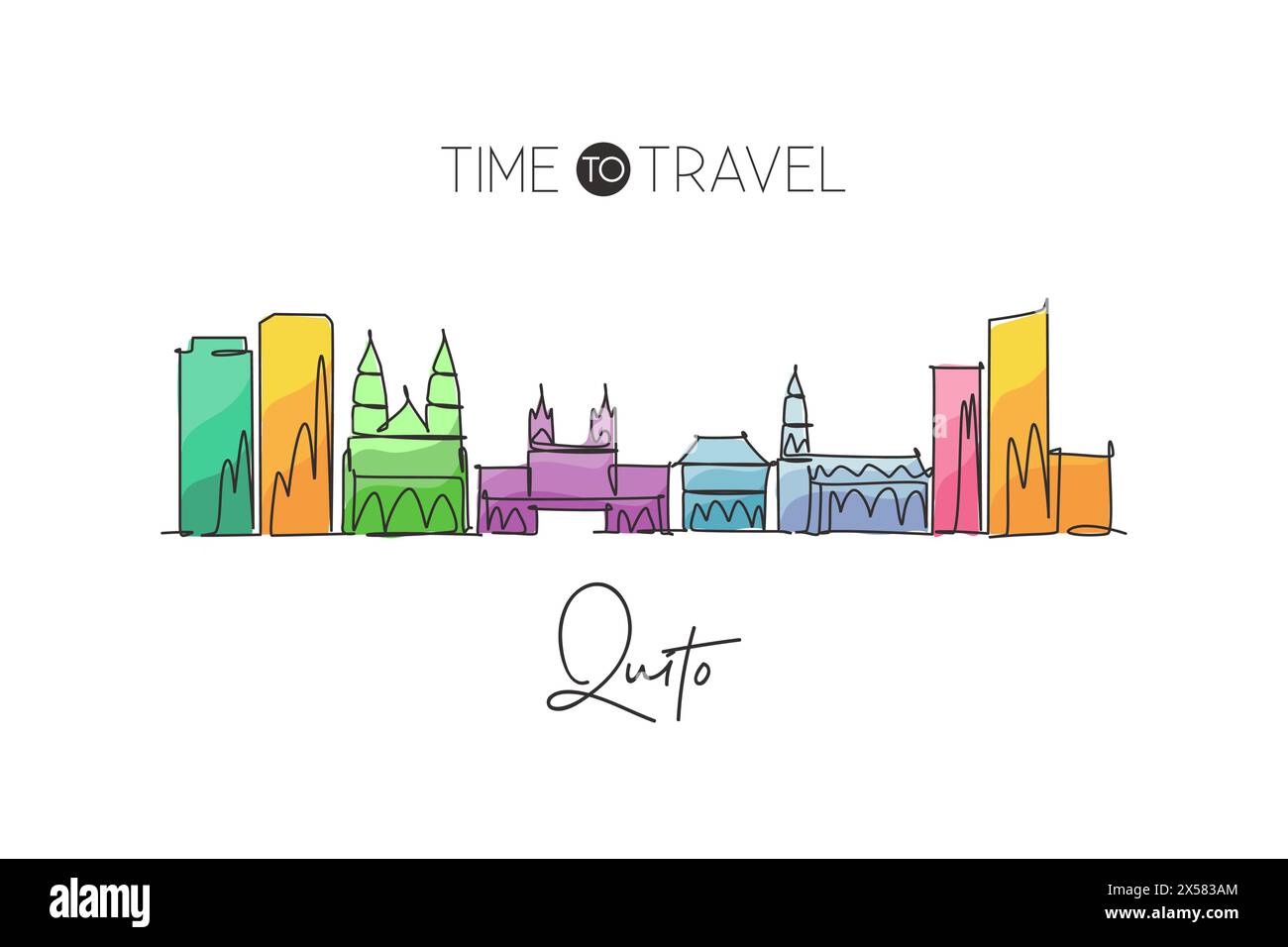 Single continuous line drawing of Quito city skyline, Ecuador. Famous ...