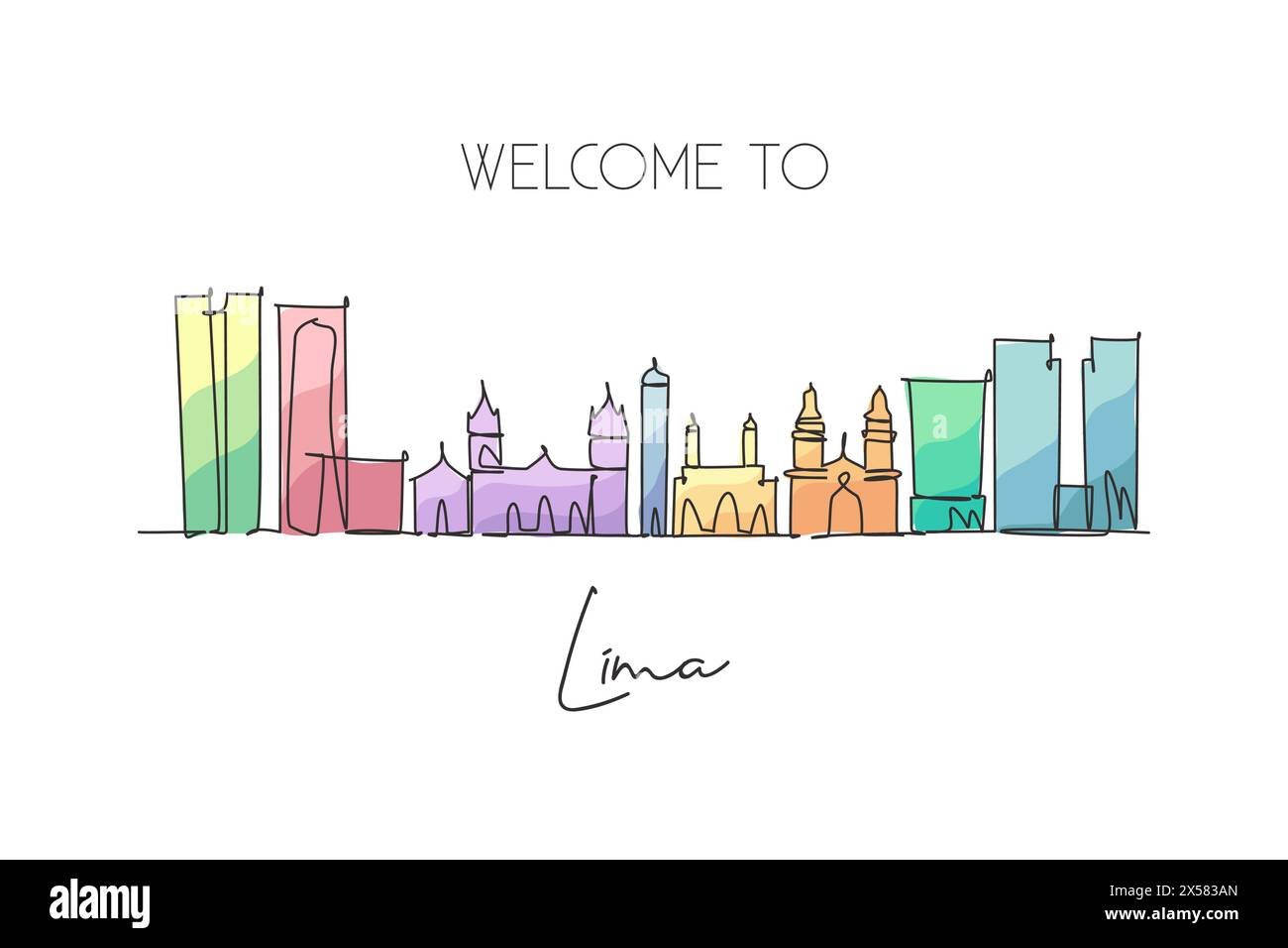 Single continuous line drawing of Lima city skyline, Peru. Famous city ...