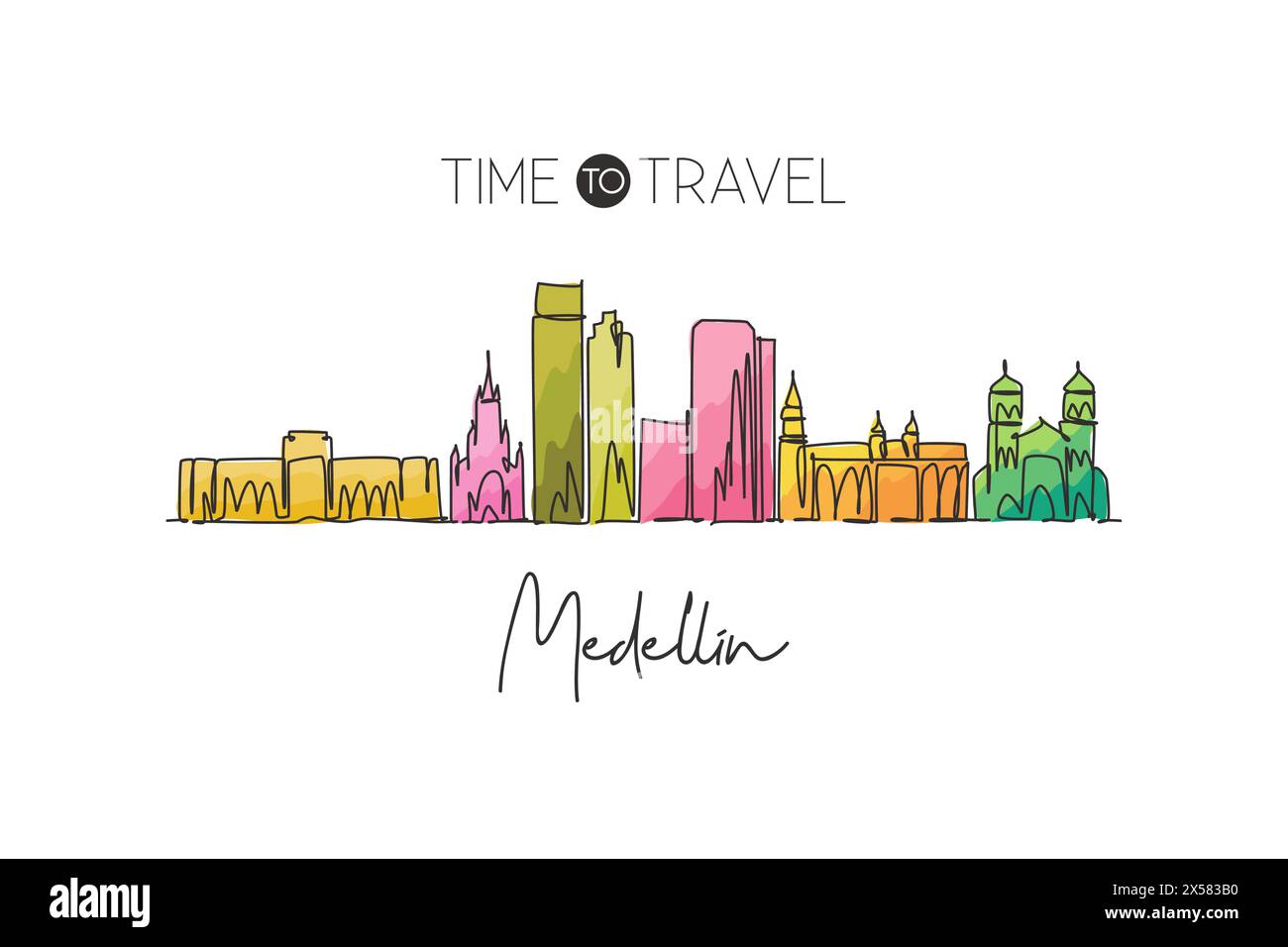 Single continuous line drawing of Medellin city skyline, Colombia ...
