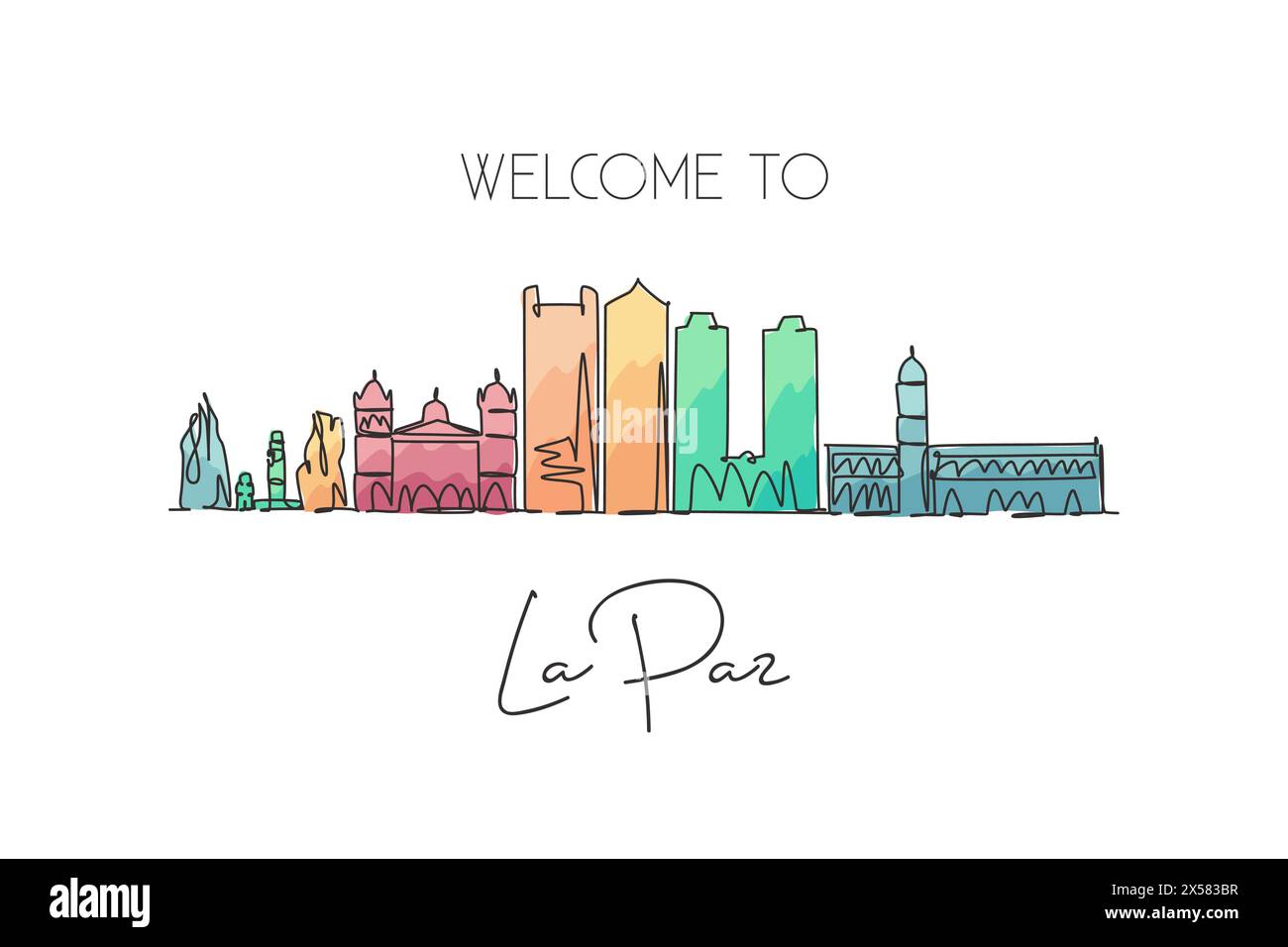 Single continuous line drawing of La Paz city skyline, Bolivia. Famous city scraper and ...
