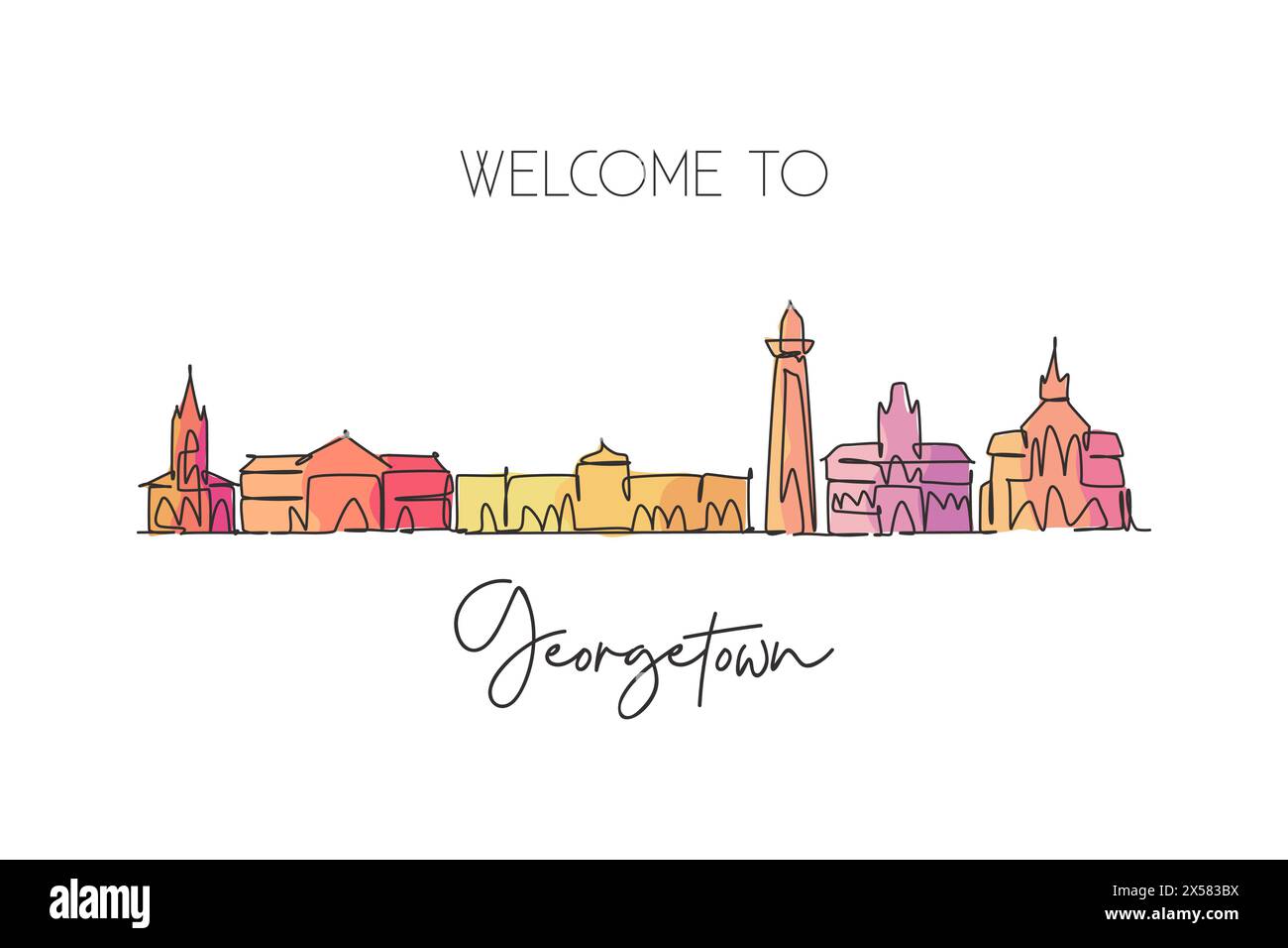 Single continuous line drawing of Georgetown skyline, Guyana. Famous ...