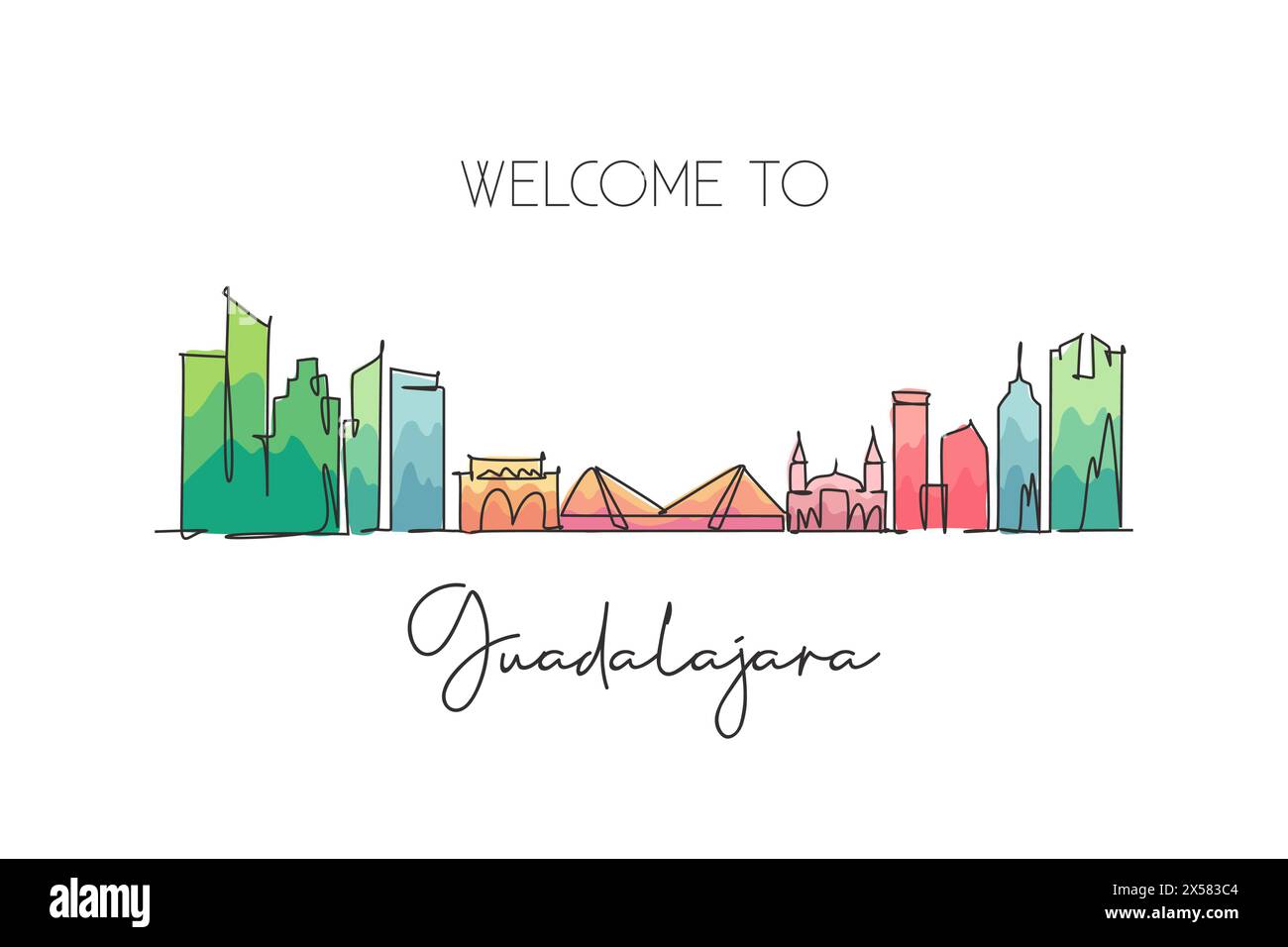 One continuous line drawing Guadalajara city skyline, Mexico. Beautiful ...