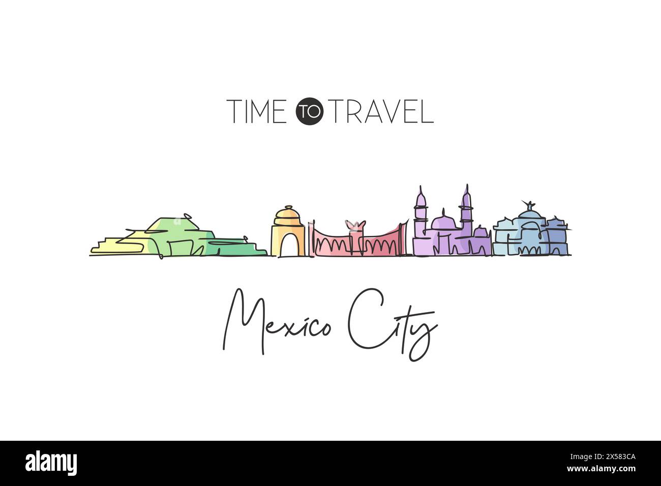 One single line drawing of Mexico city skyline, Mexico. World ...