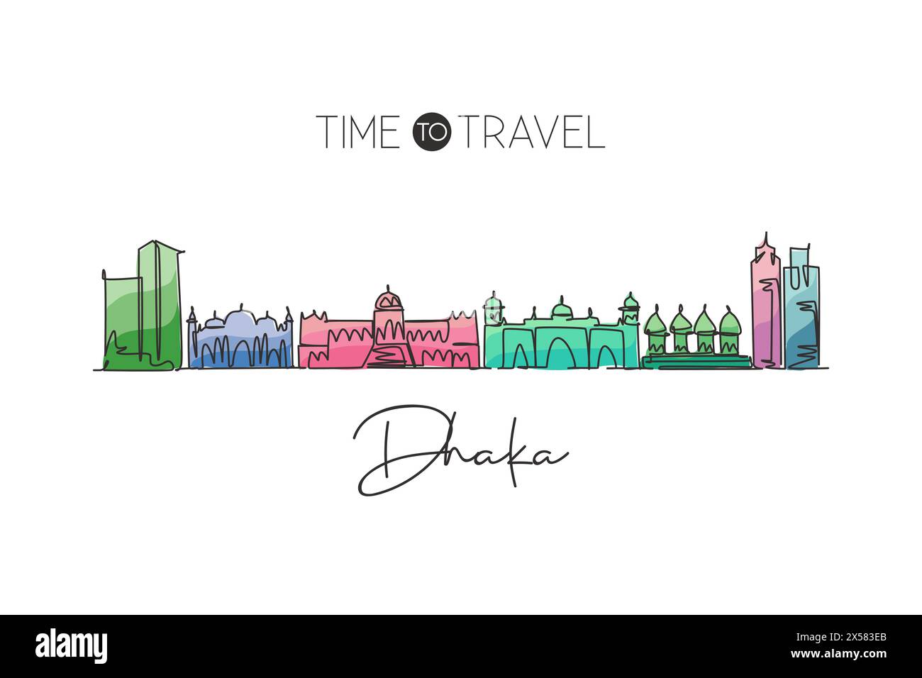 Single continuous line drawing Dhaka skyline, Bangladesh. Famous city scraper landscape home ...