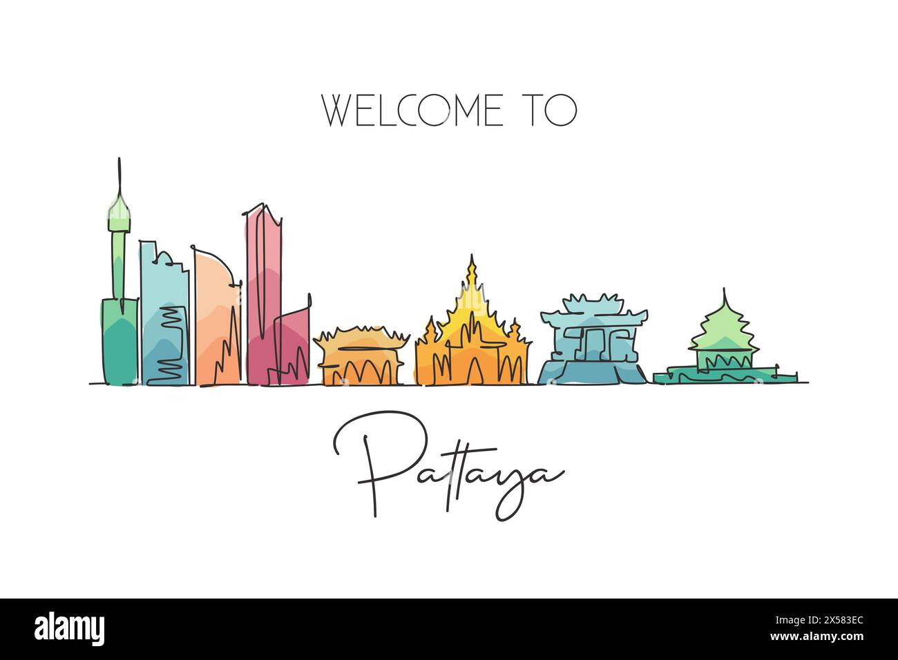 Single continuous line drawing of Pattaya skyline, Thailand. Famous ...