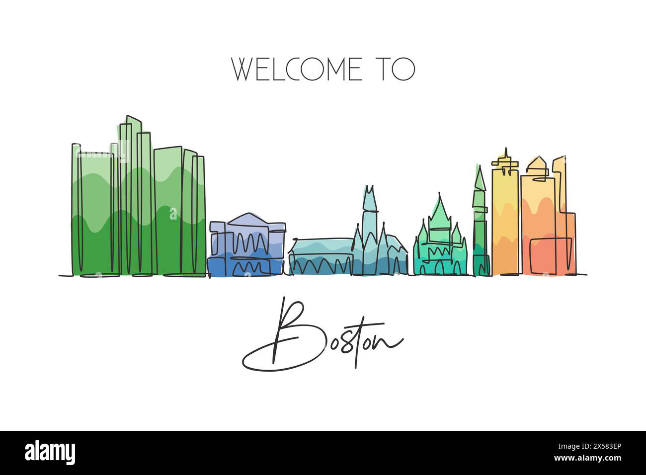One single line drawing Boston city skyline, United States. Historical ...