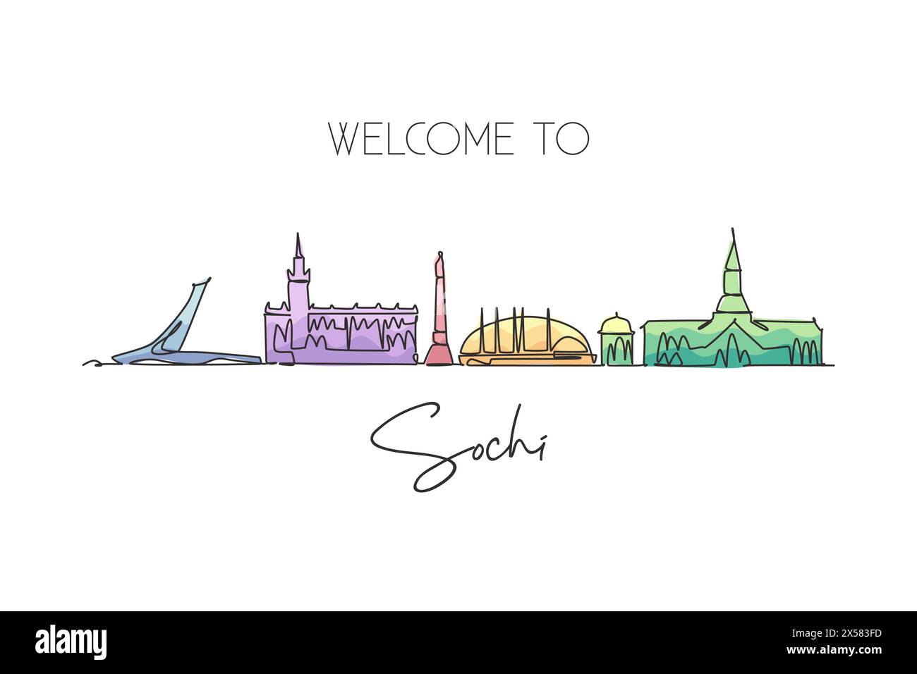 Single continuous line drawing Sochi skyline, Russia. Famous city ...