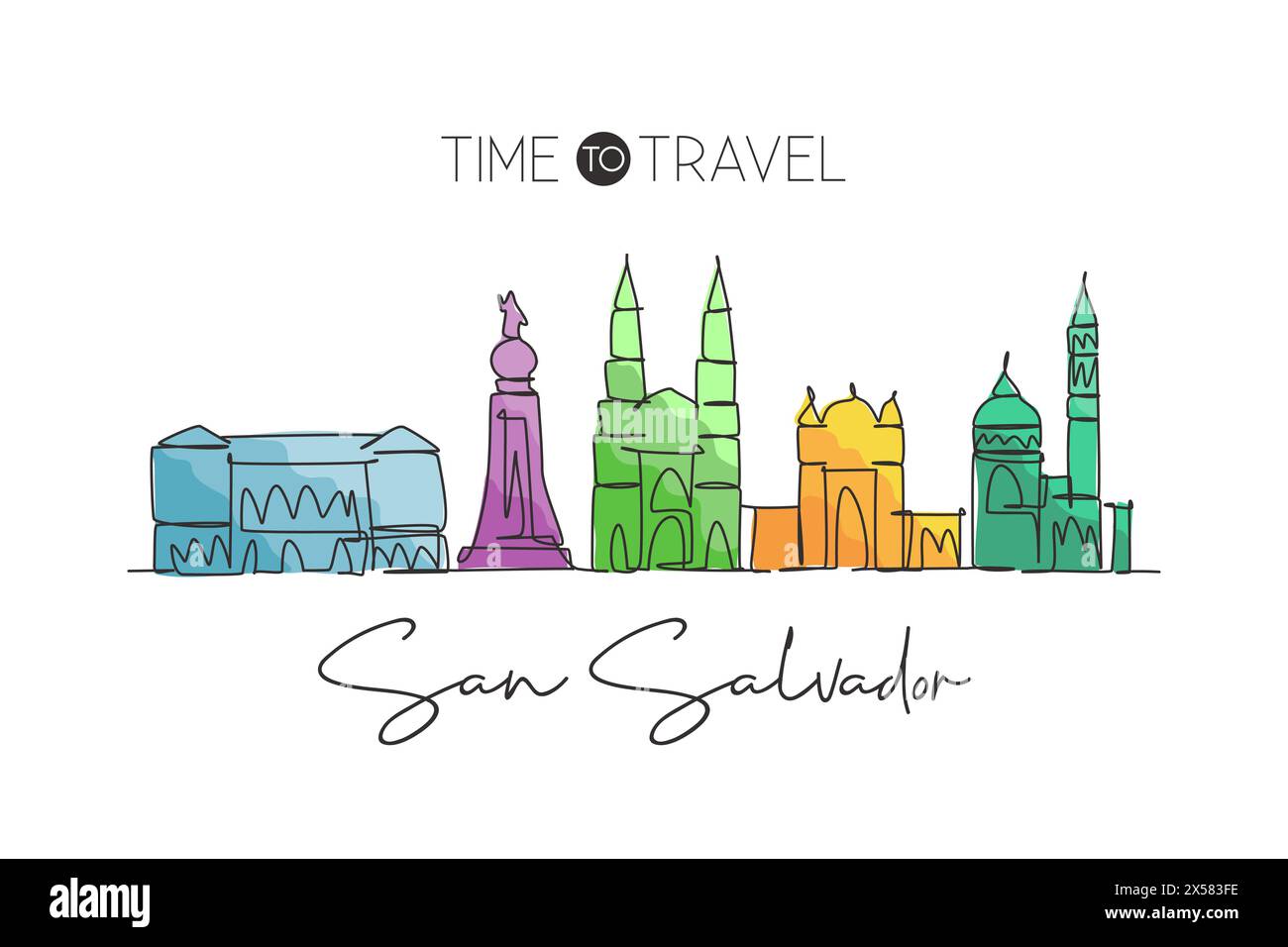 Single continuous line drawing San Salvador skyline, El Salvador ...