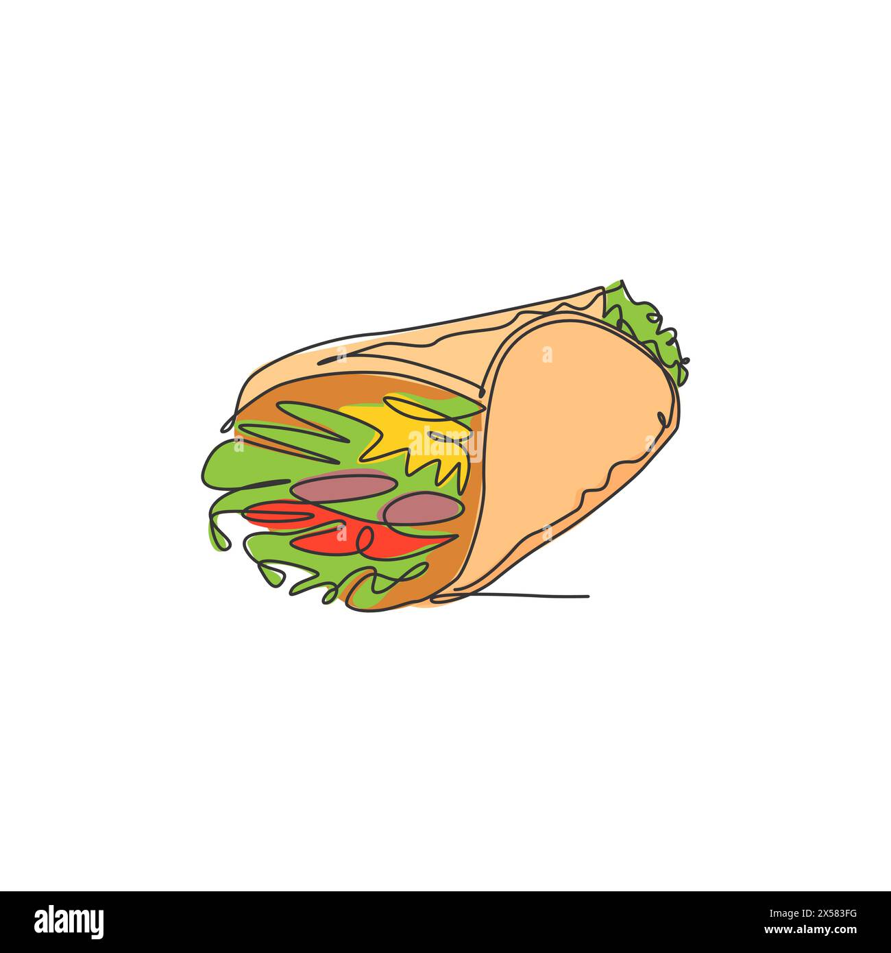 One continuous line drawing of fresh delicious Mexican online burritos ...