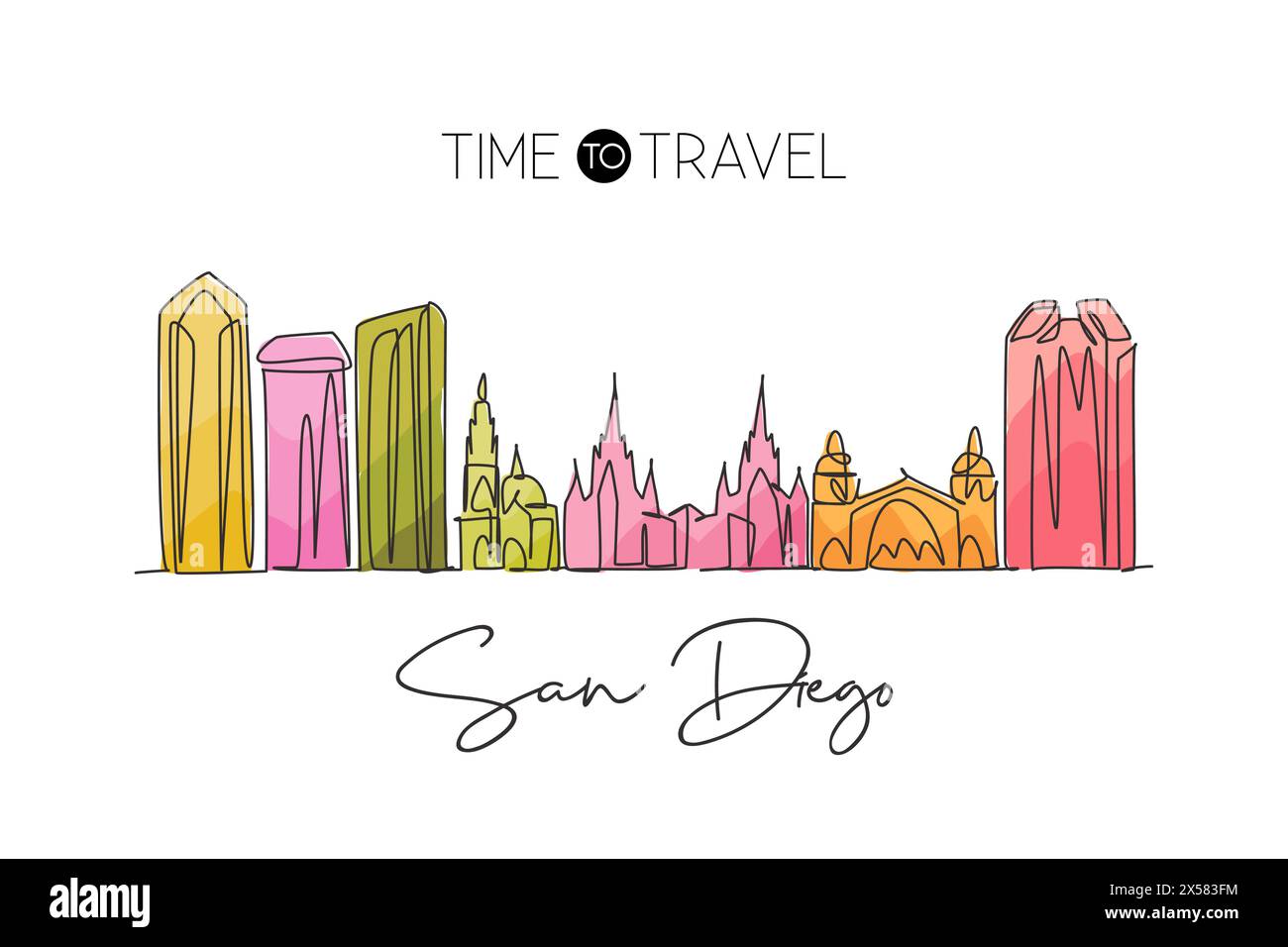 One single line drawing of San Diego city skyline, United States ...