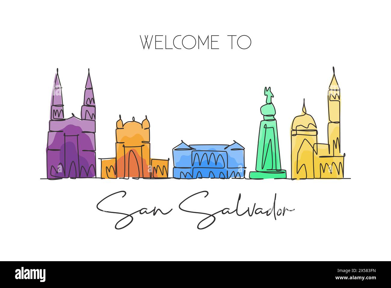 One continuous line drawing San Salvador city skyline, El Salvador ...
