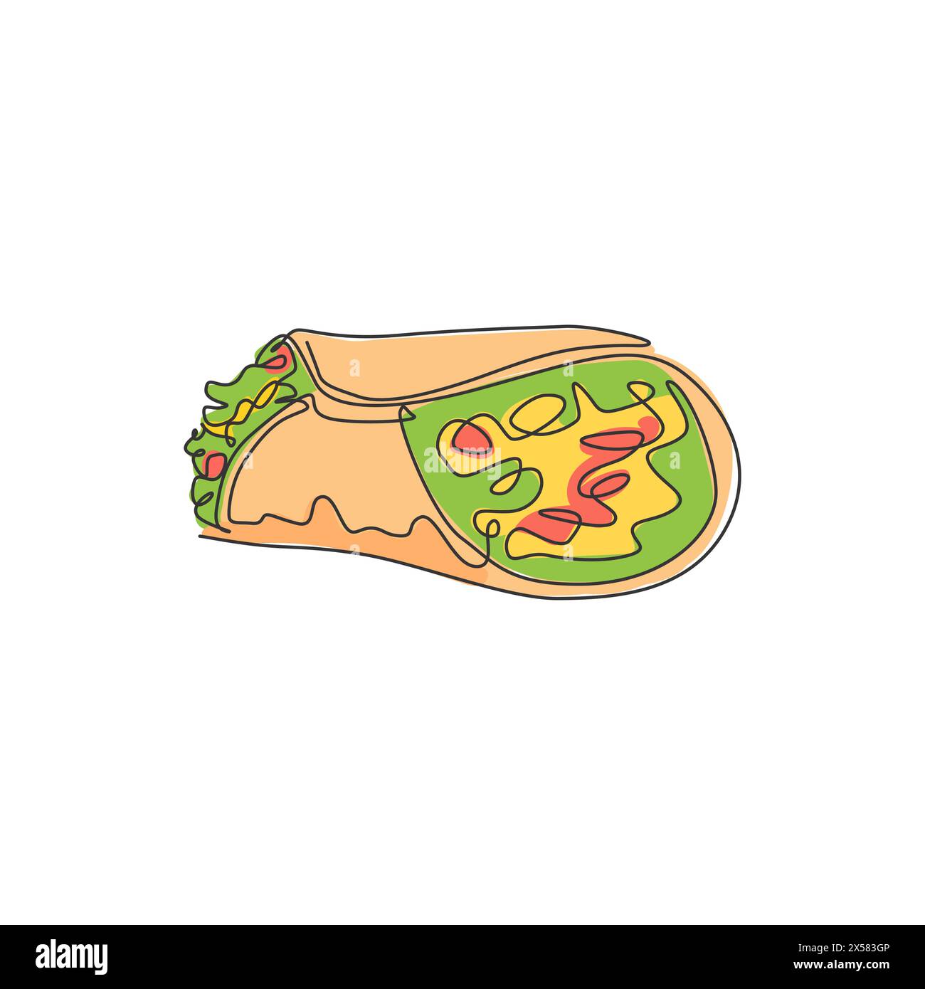 One single line drawing of fresh hot spicy Mexican burritos logo vector ...