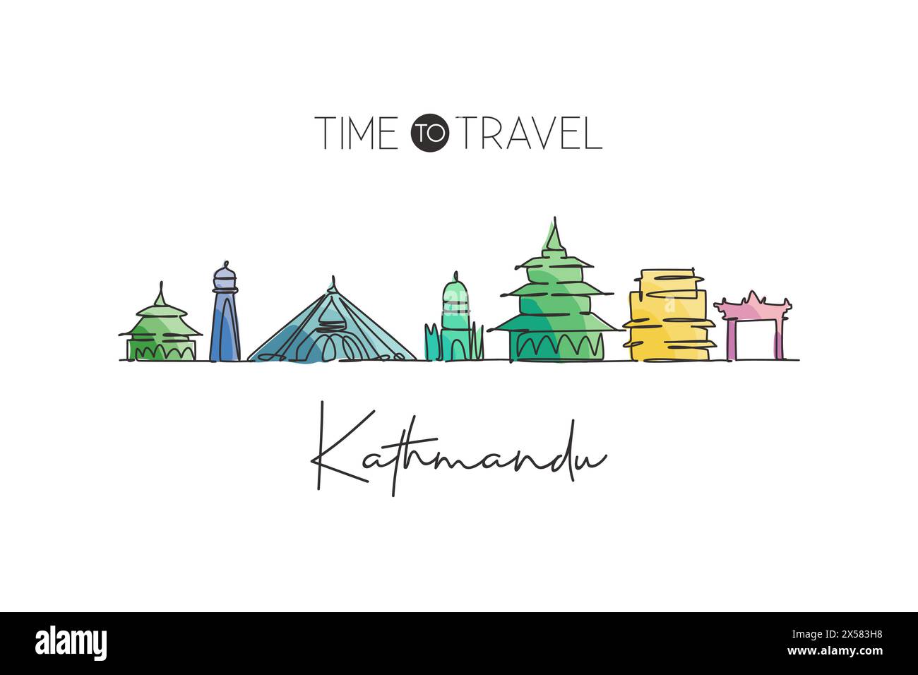 Single continuous line drawing Kathmandu skyline, Nepal. Famous city ...