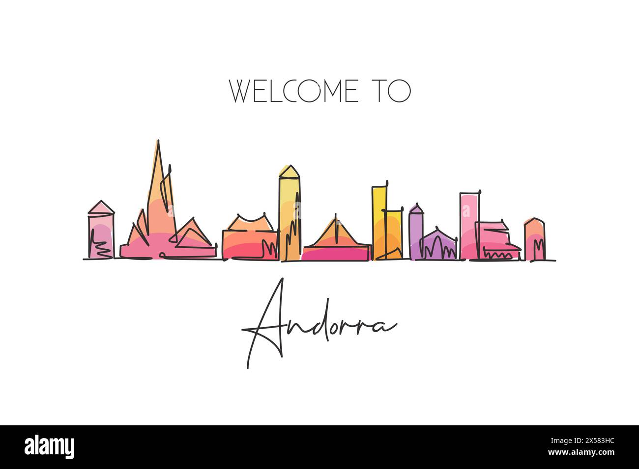 One single line drawing of Andorra la Vella city skyline. World ...