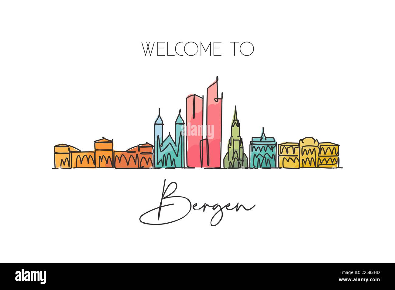 Single continuous line drawing of Bergen city skyline, Norway. Famous ...