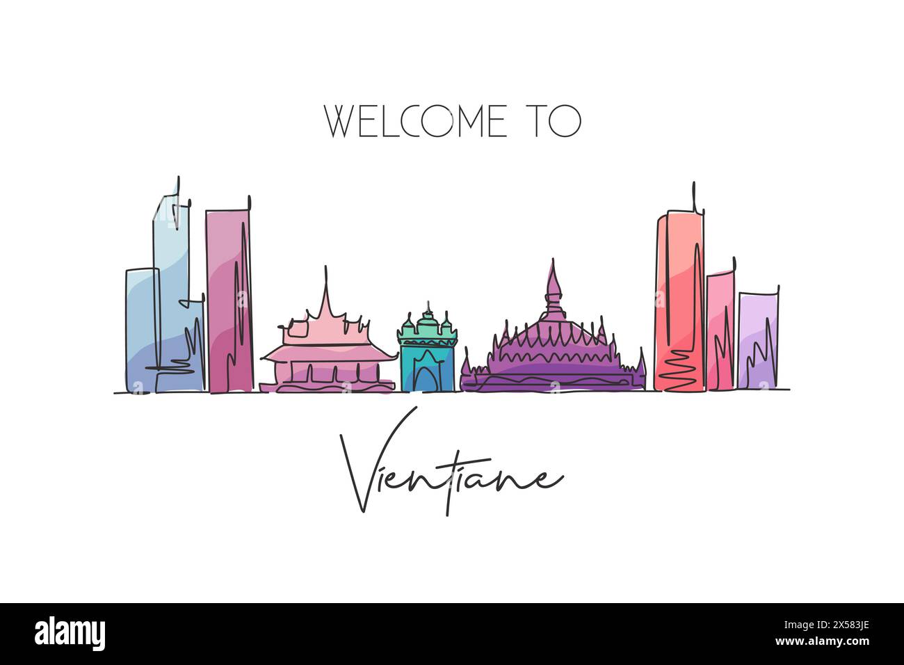Single continuous line drawing Vientiane city skyline, Laos. Famous ... Single continuous line drawing Vientiane city skyline, Laos. Famous ...