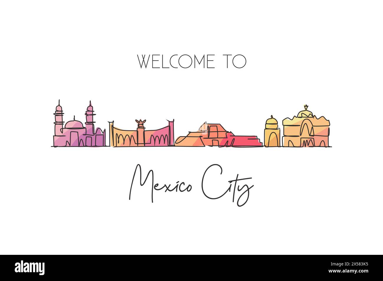 Single continuous line drawing Mexico skyline, Mexico. Famous city ...