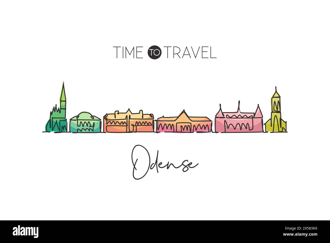 One continuous line drawing Odense city skyline, Denmark. Beautiful ...