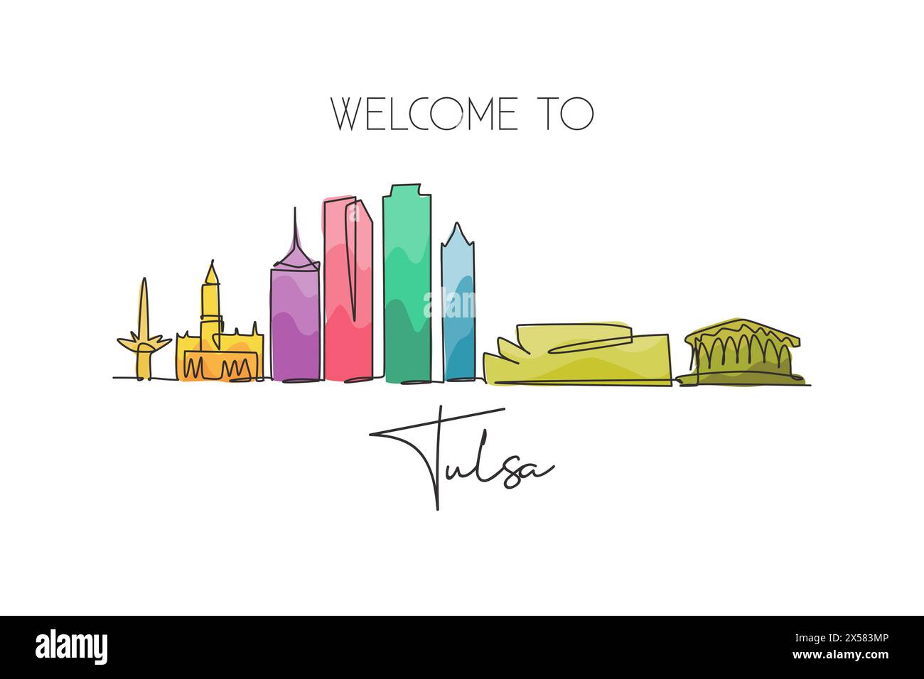 Single continuous line drawing Tulsa city skyline, Oklahoma. Famous ...