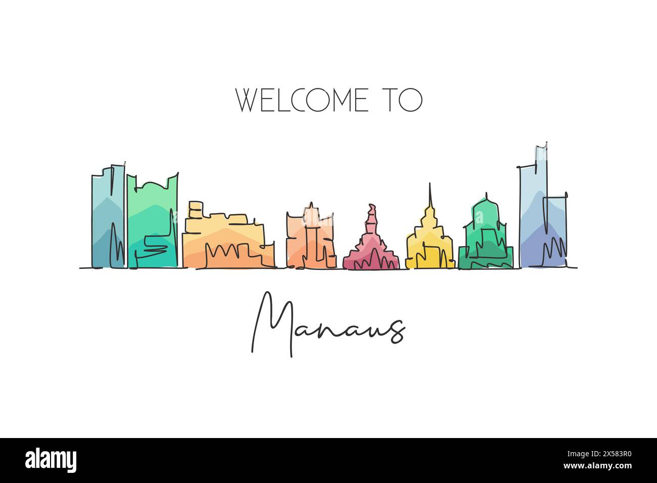 One continuous line drawing of Manaus city skyline, Brazil. Beautiful ...