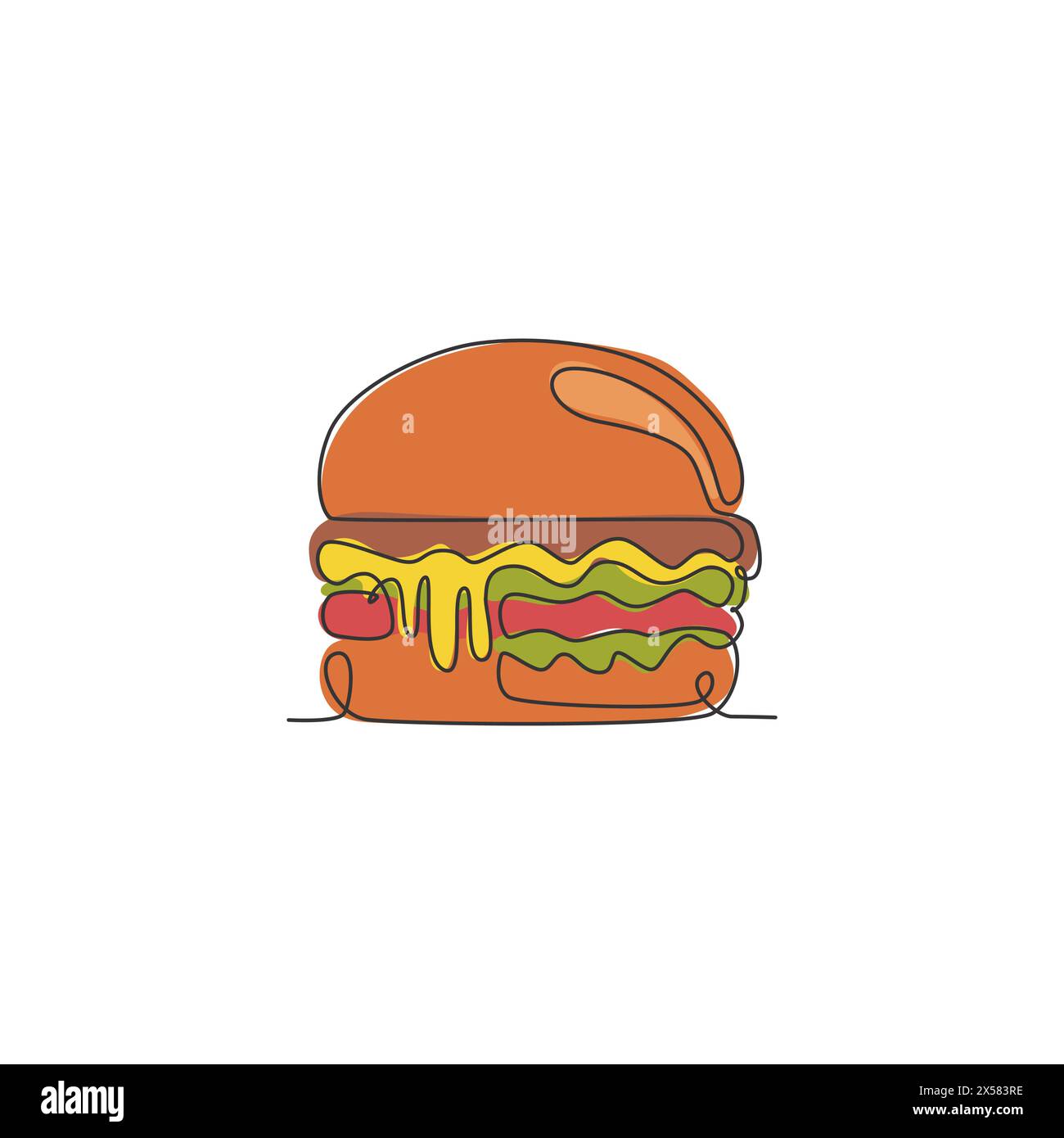 One continuous line drawing of fresh delicious American burger ...