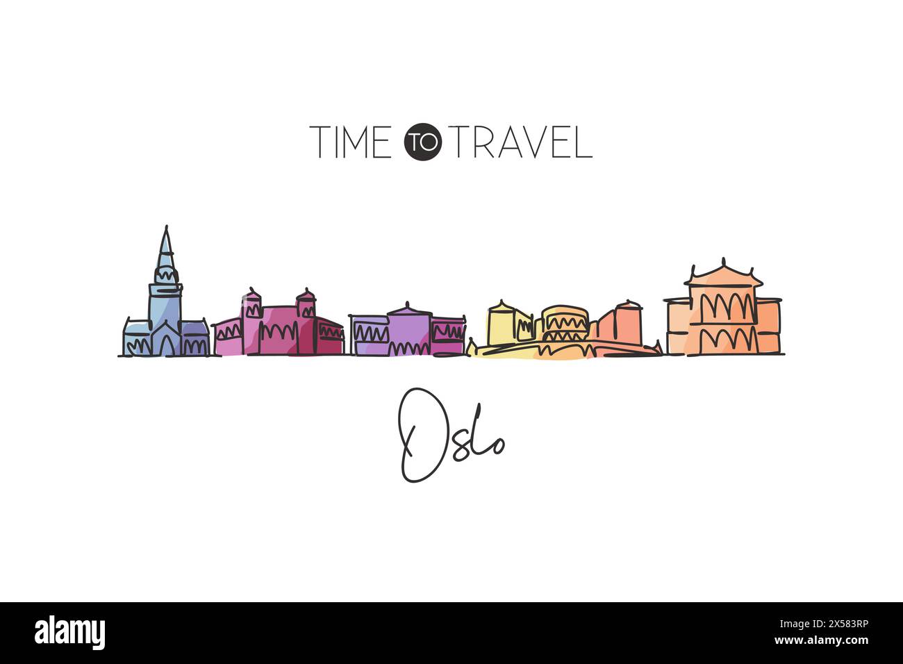 Single continuous line drawing of Oslo skyline Norway. Famous city ...