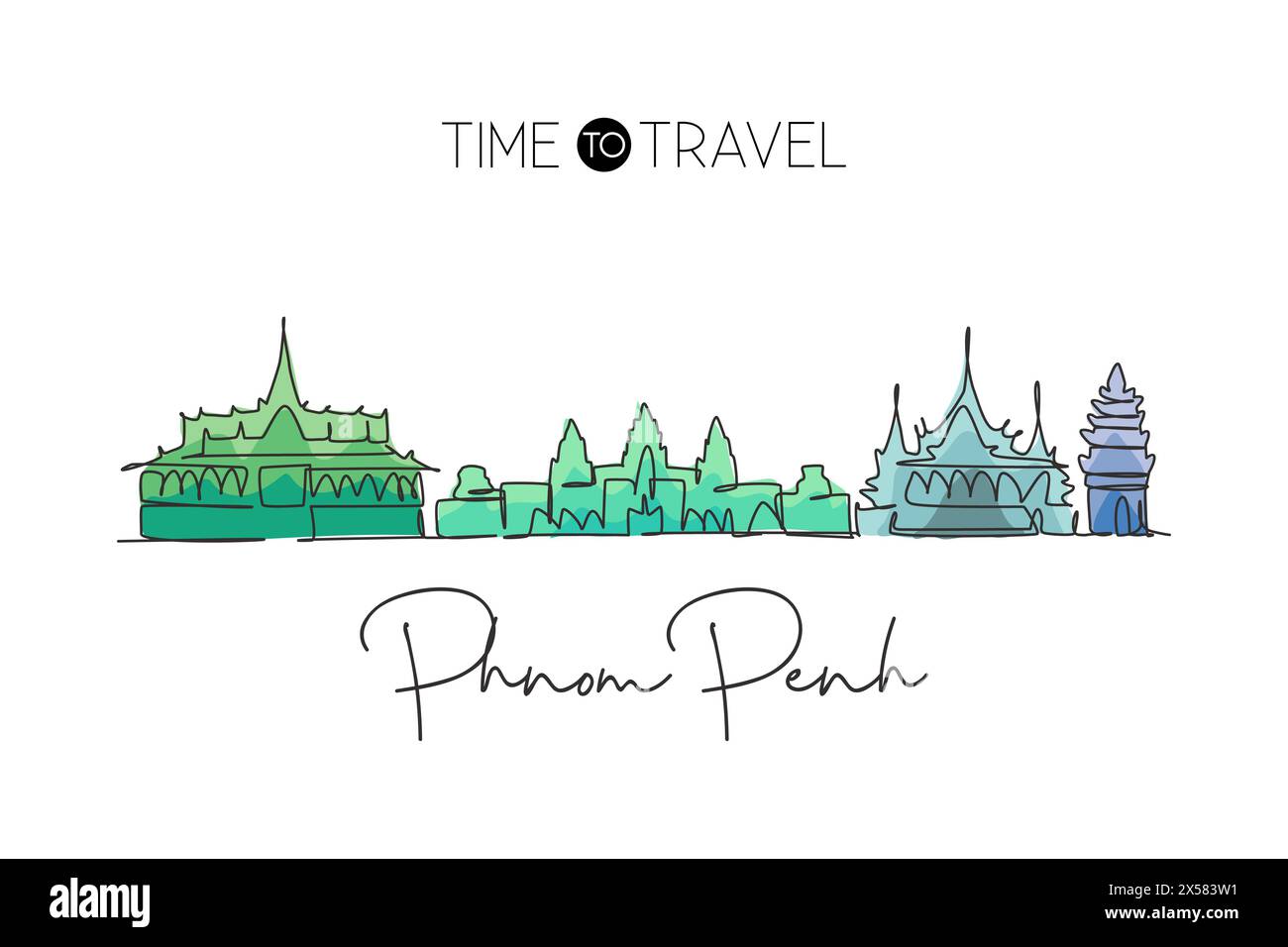 One continuous line drawing Phnom Penh city skyline, Cambodia ...