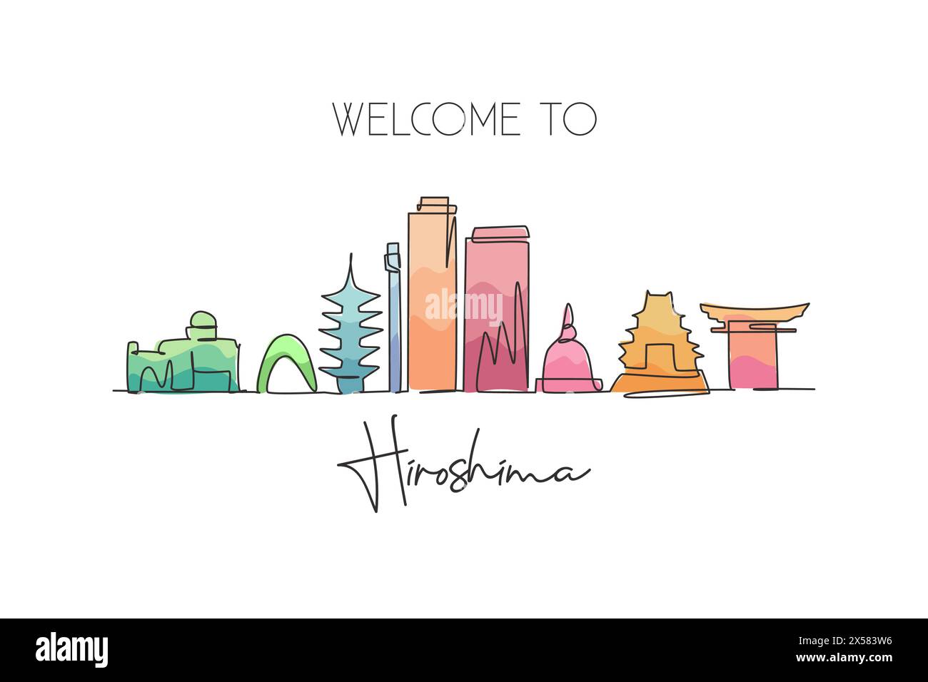 One continuous line drawing Hiroshima city skyline, Japan. Beautiful ...