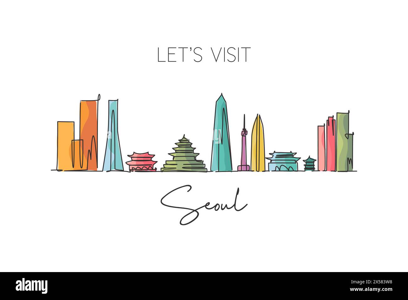 Single continuous line drawing Seoul skyline, South Korea. Famous city ...