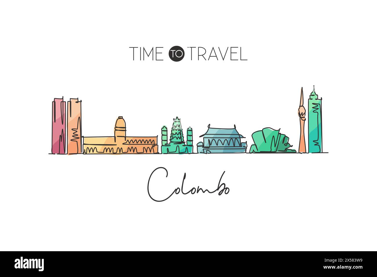 Single continuous line drawing Colombo skyline, Sri Lanka. Famous city ...