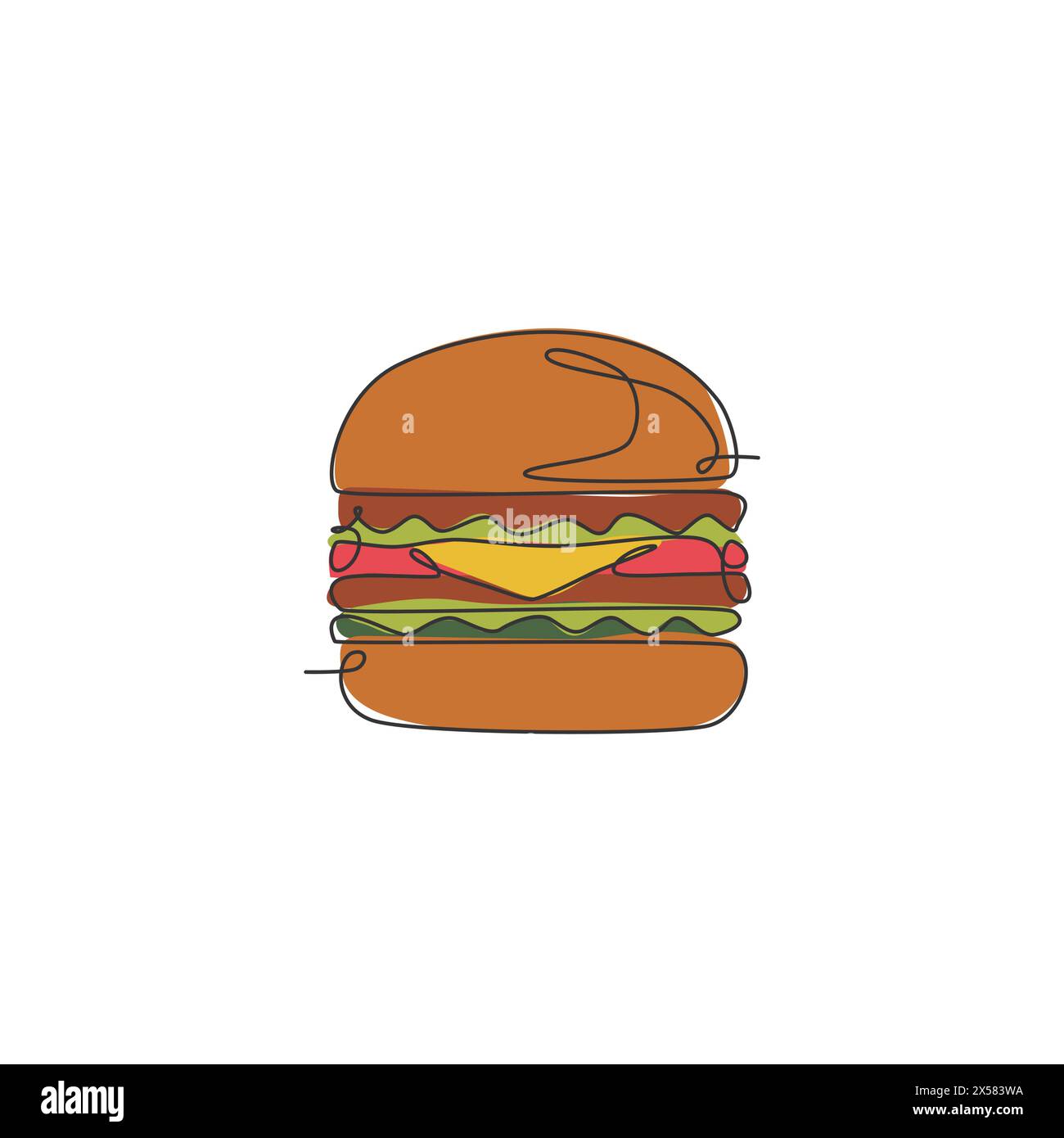 One continuous line drawing of fresh delicious American cheeseburger ...