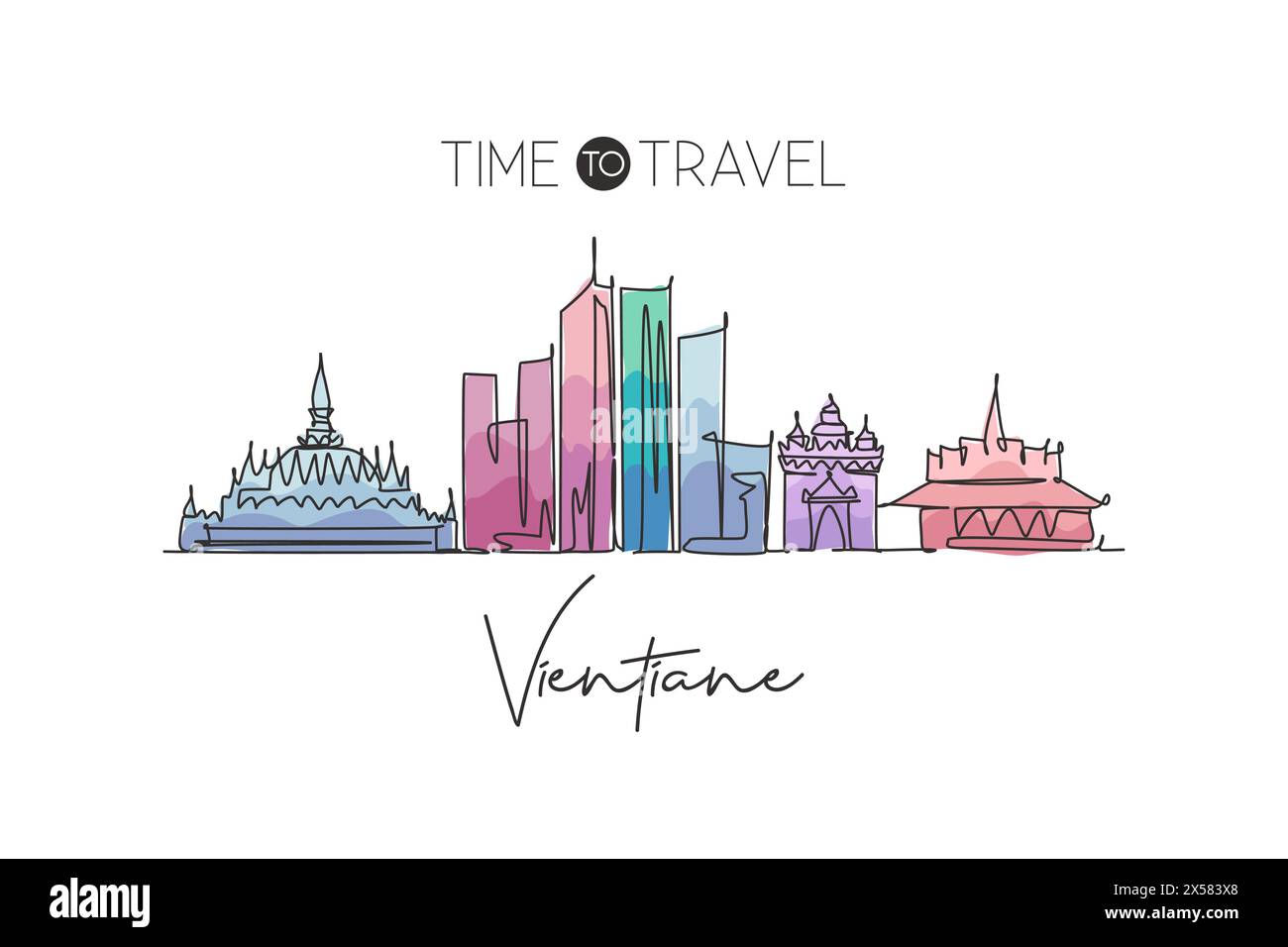 One single line drawing Vientiane city skyline, Laos. World historical ...